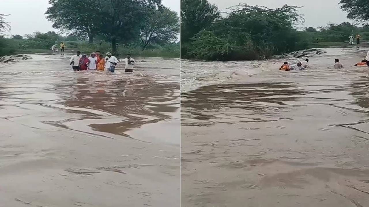 पूल ओलांडताना पुराच्या पाण्यात वाहून गेले, थरारक घटना मोबाईल कॅमेऱ्यात कैद - Marathi News | Five ...
