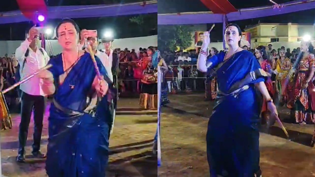 पदर खोचला, हातात दांडीया घेतल्या अन्... चित्रा वाघ यांनी धरला ठेका ...